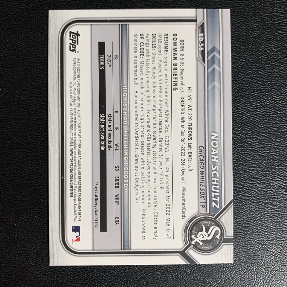 2022 Bowman Draft Noah Schultz 1st Bowman - BD-56 - Chicago White Sox ...