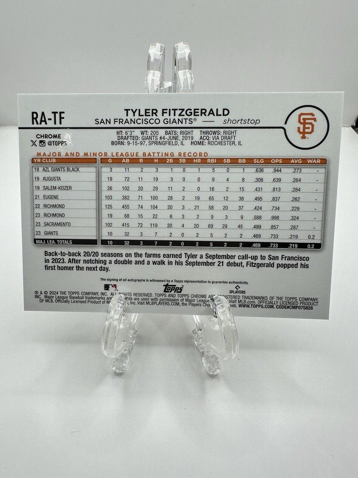 2024 Topps Chrome Rookie Autographs RATF Tyler Fitzgerald Rookie Auto ...