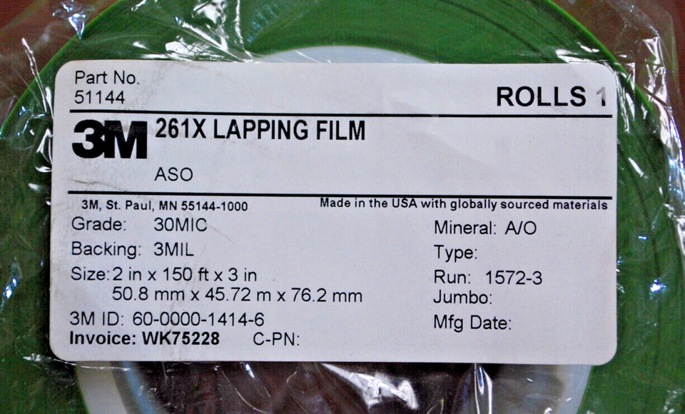 3M Green 261X Lapping Film Roll 30MIC 3MIL 2 in x 150 ft x 3 in 2 Rolls ...