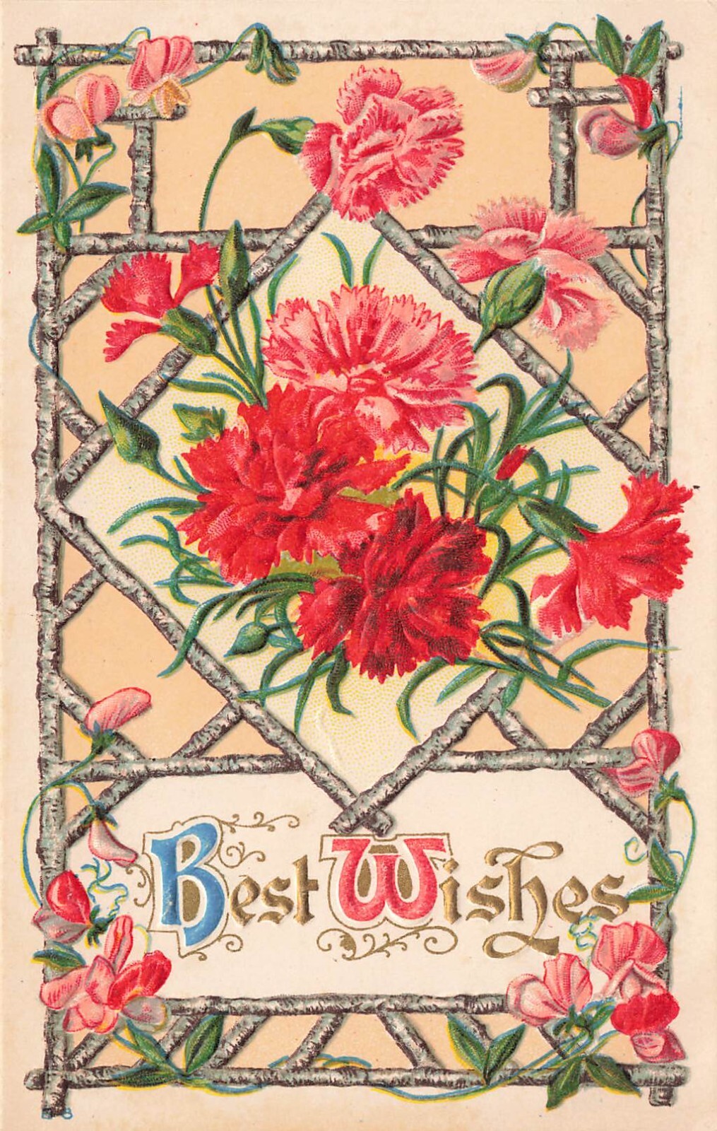 Best Wishes Embossed Foil Postcard Flowers Pink Red Fence | eBay