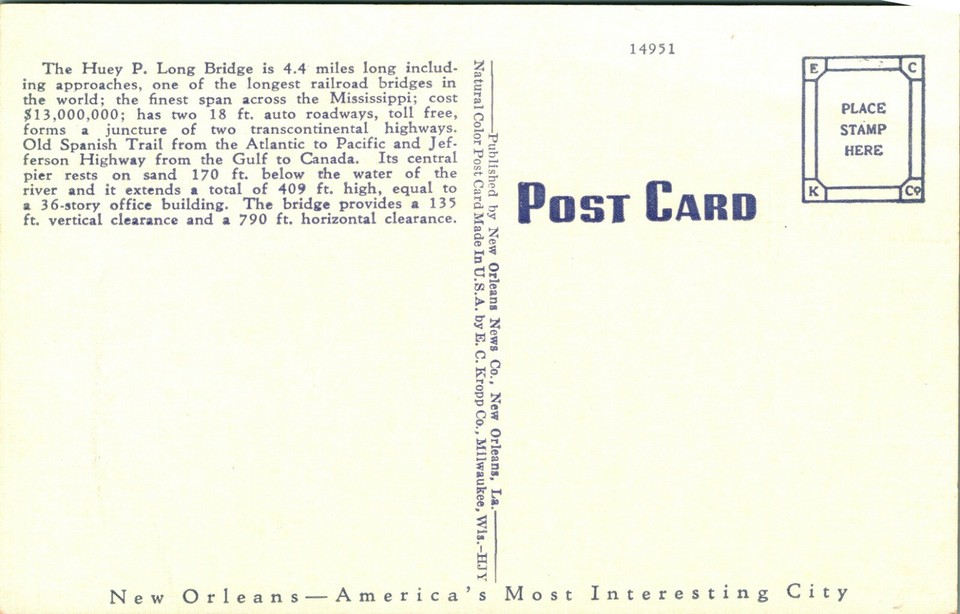 Huey P Long Bridge New Orleans Louisiana LA UNP Unused Linen Postcard ...
