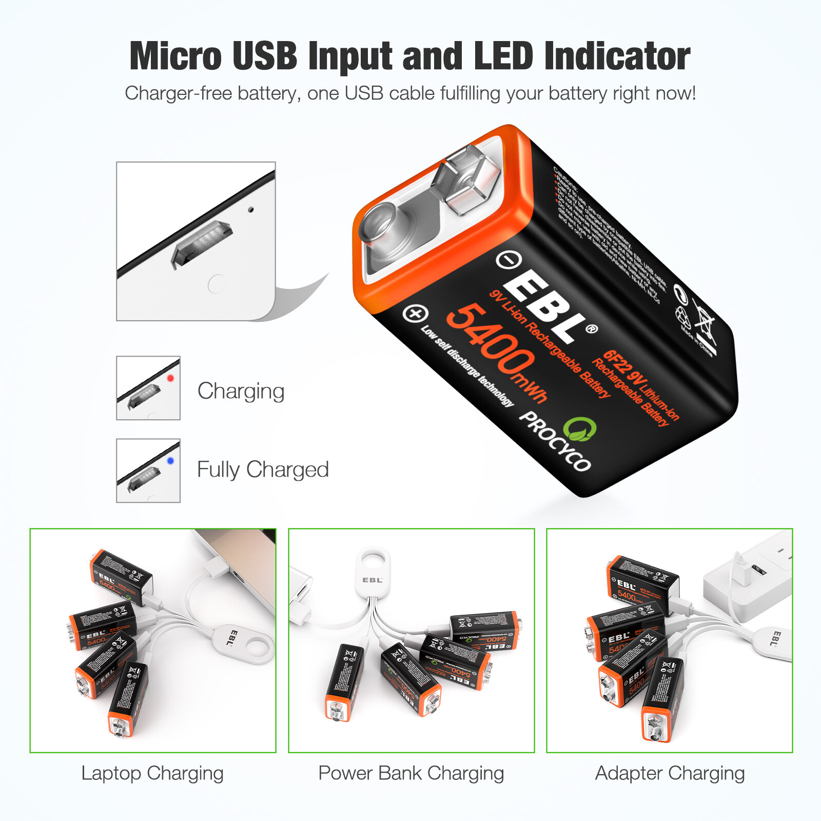 EBL 2Pack USB Rechargeable 9V Lithium LI-ion Battery Batteries 5400mWh ...