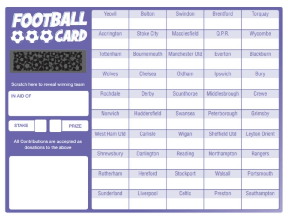 FOOTBALL SCRATCH CARDS 20 30 40 50 and 80 Team Fundraising A5 Card ...