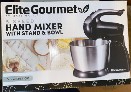 Elite Gourmet By Maxi-Matic 5 Speed Hand Mixer w/ Stand & 3.5 Qt Bowl ...