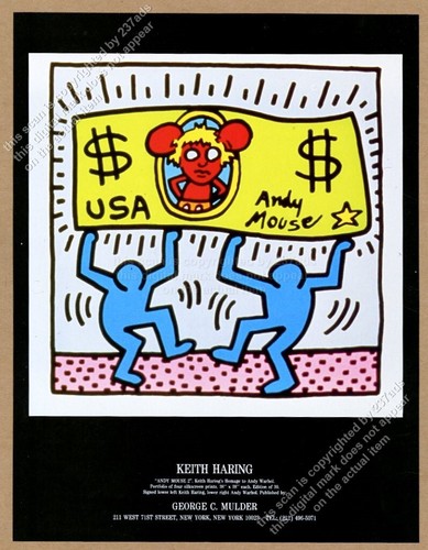 1987 Keith Haring art Andy Mouse Warhol money NYC gallery vintage print ...