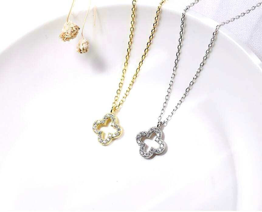 Flower Lucky Clover Gold/Silver Pave Cubic Zirconia Pendant Chain ...