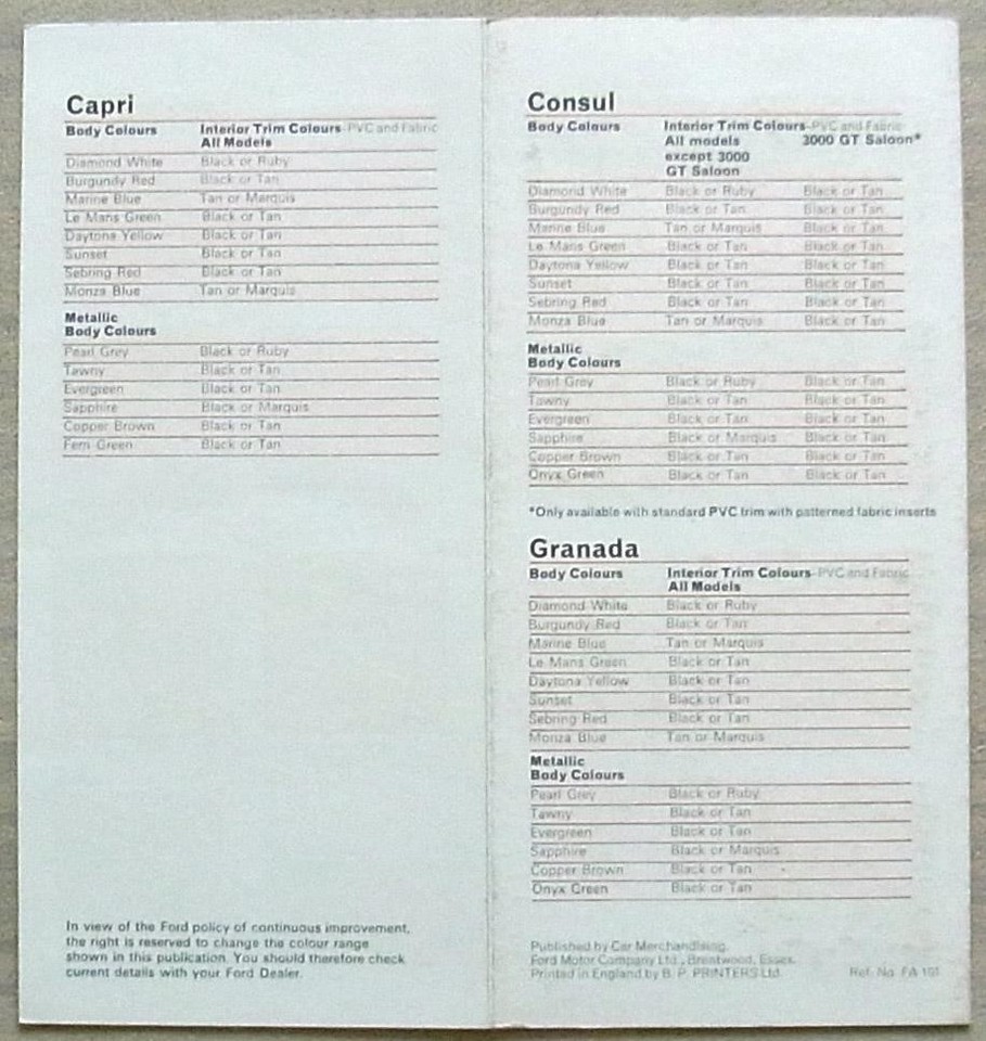 FORD ESCORT Cortina CAPRI Consul GRANADA Car Colour Chart Sept 1972 # ...