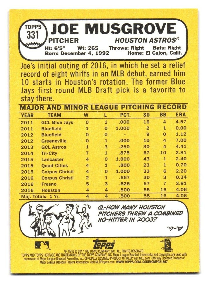 2017 Topps Heritage #331 Joe Musgrove RC Rookie Card Houston Astros | eBay