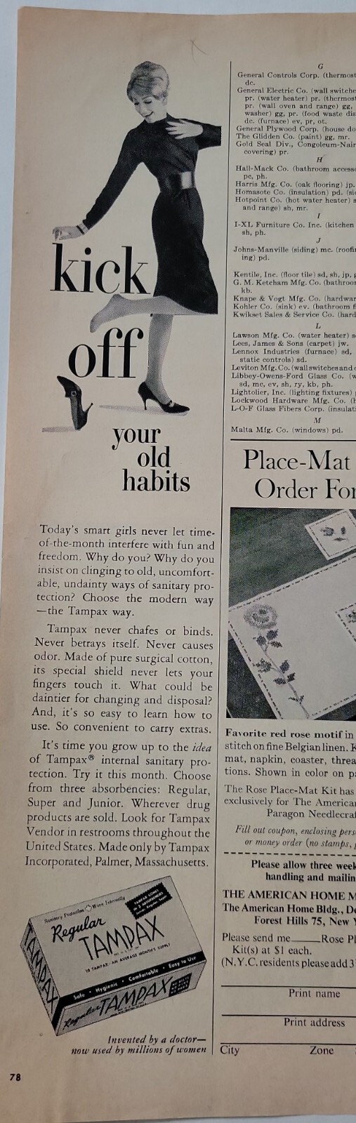 1960 Tampax Tampons feminine hygiene kick off old habits vintage ad | eBay