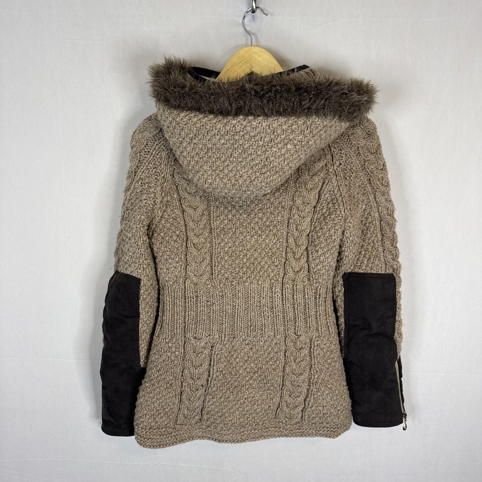 Urku Ecuador Wool Cotton Knit Jacket Fleece Lined Faux Fur Hood Women’s ...