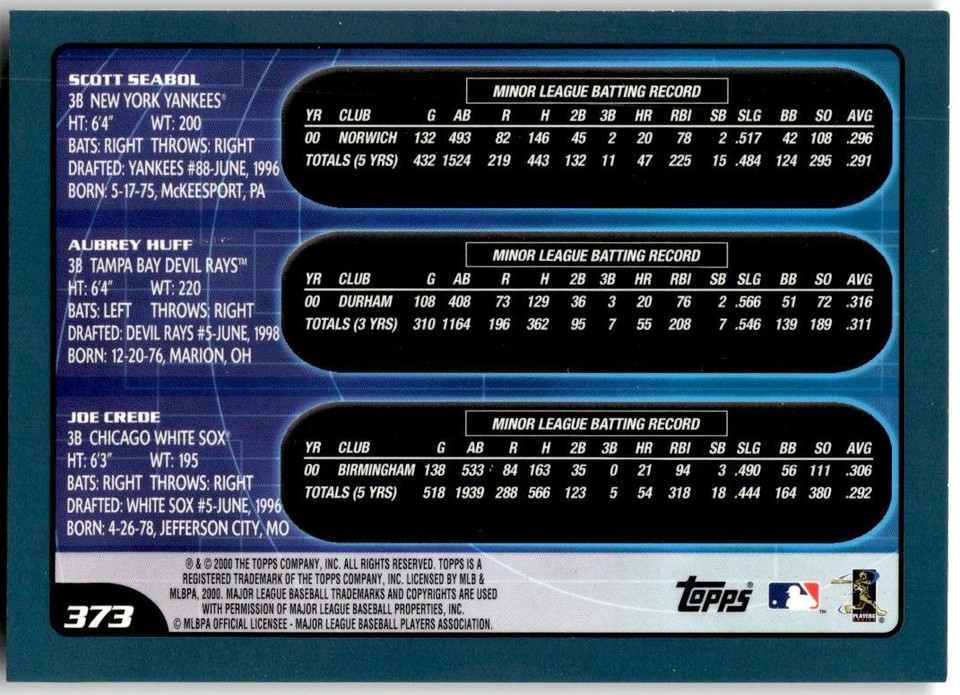 2001 Topps #373 Scott Seabol / Aubrey Huff / Joe Crede PROS | eBay