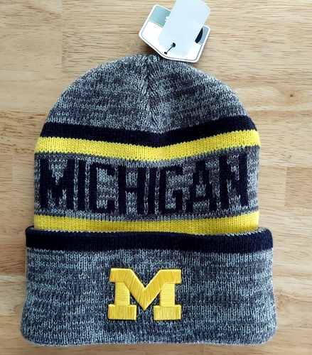 Michigan Wolverines Hat Gray Roll Cuff Pom Cap Maize Embroidered Logo ...