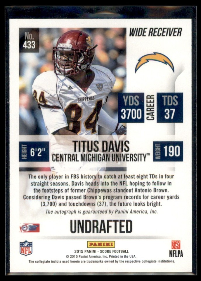 Titus Davis 2015 Score RC Auto #433 San Diego Chargers | eBay