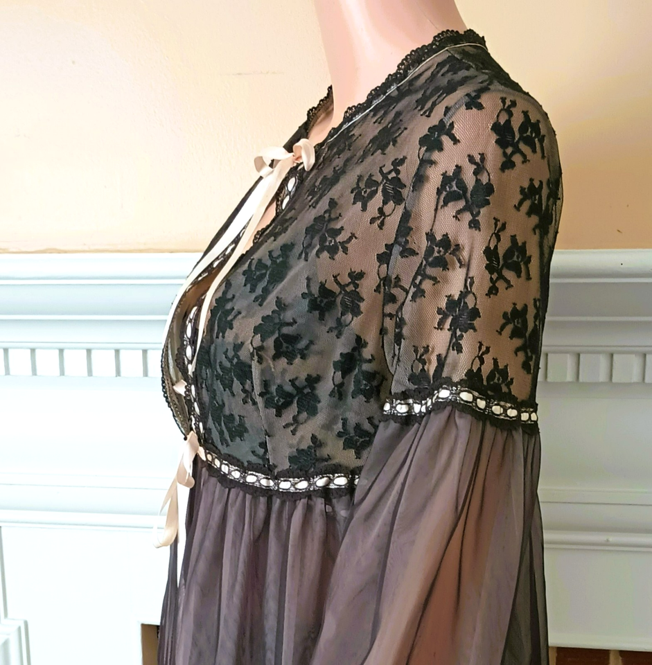Vtg Chase Long Nightgown & Robe M Brown Sheer Lace Trim Long Puff Sleeves Lined | eBay