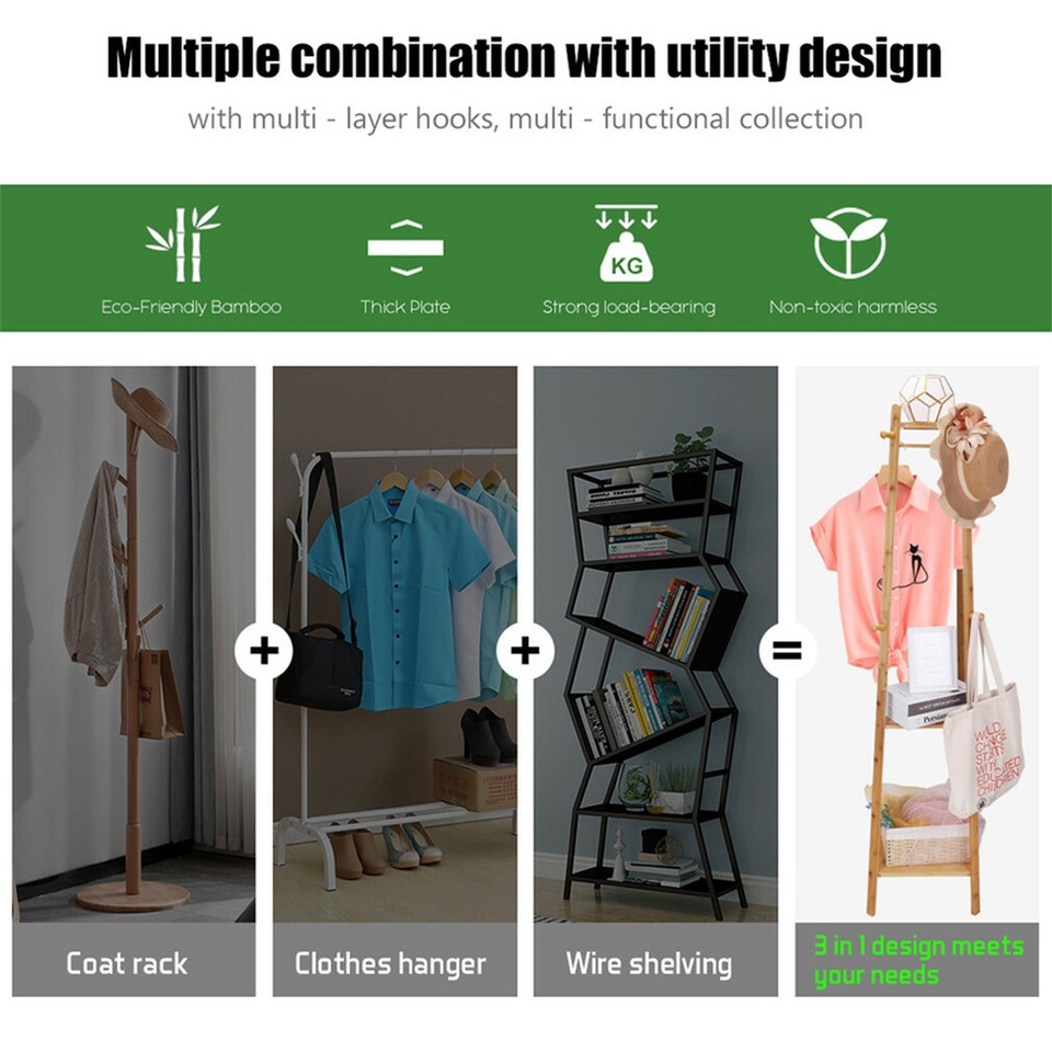 Bamboo Clothes Rail Stand Coat Rack with 2 Ladder Shelves w/Hooks ...