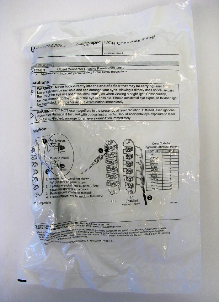 Corning CCH-CP12-19T Panel ST Singlemode, Simplex, 12 Fiber OS2, UPC ...