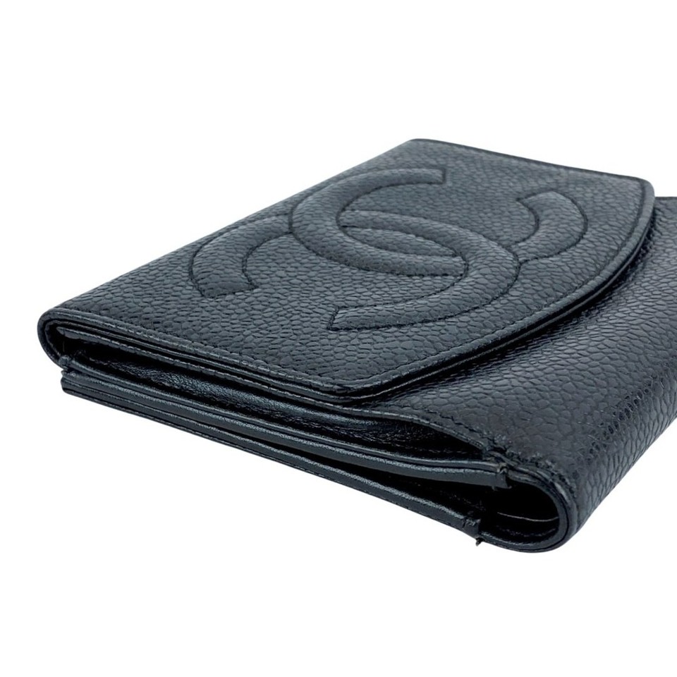 CHANEL Folded Wallet Compact Wallet Coco Caviar Skin Leather Black ...