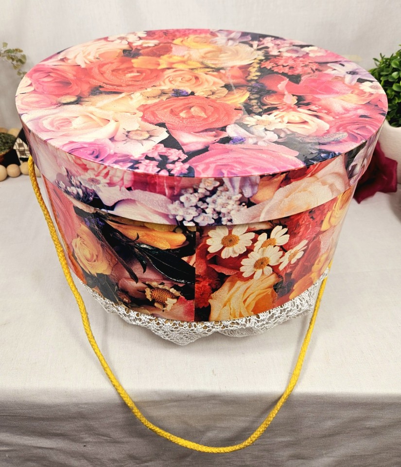 1980s Vintage Floral Hat Box • Large Round Storage Box • Carry Rope Handle | eBay Australia