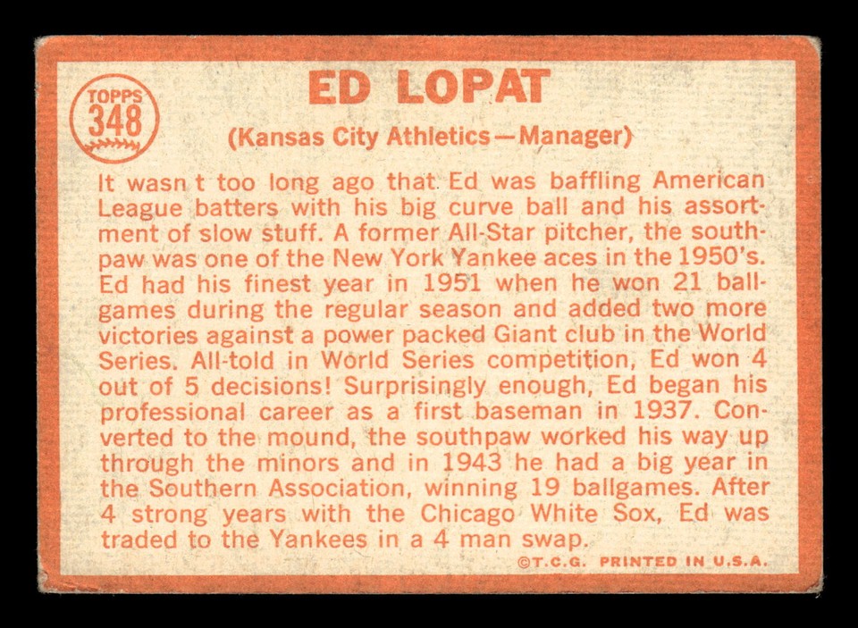 Ed Lopat 1964 Topps #348 Kansas City Athletics Very Good | eBay
