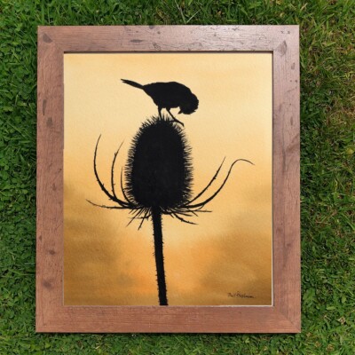 ORIGINAL Watercolour Sunset Painting, Bird on Teasel Silhouette, Bird ...
