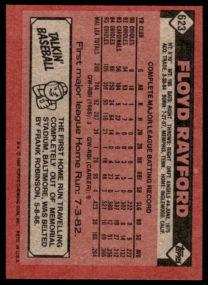 1986 Topps Baseball Card Floyd Rayford Baltimore Orioles #623 | eBay