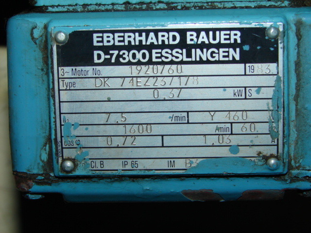EBERHARD BAUER DK-74EZ237178/D-7300 ESSLINGER 220V GEARBOX/MOTOR 7.5RPM ...