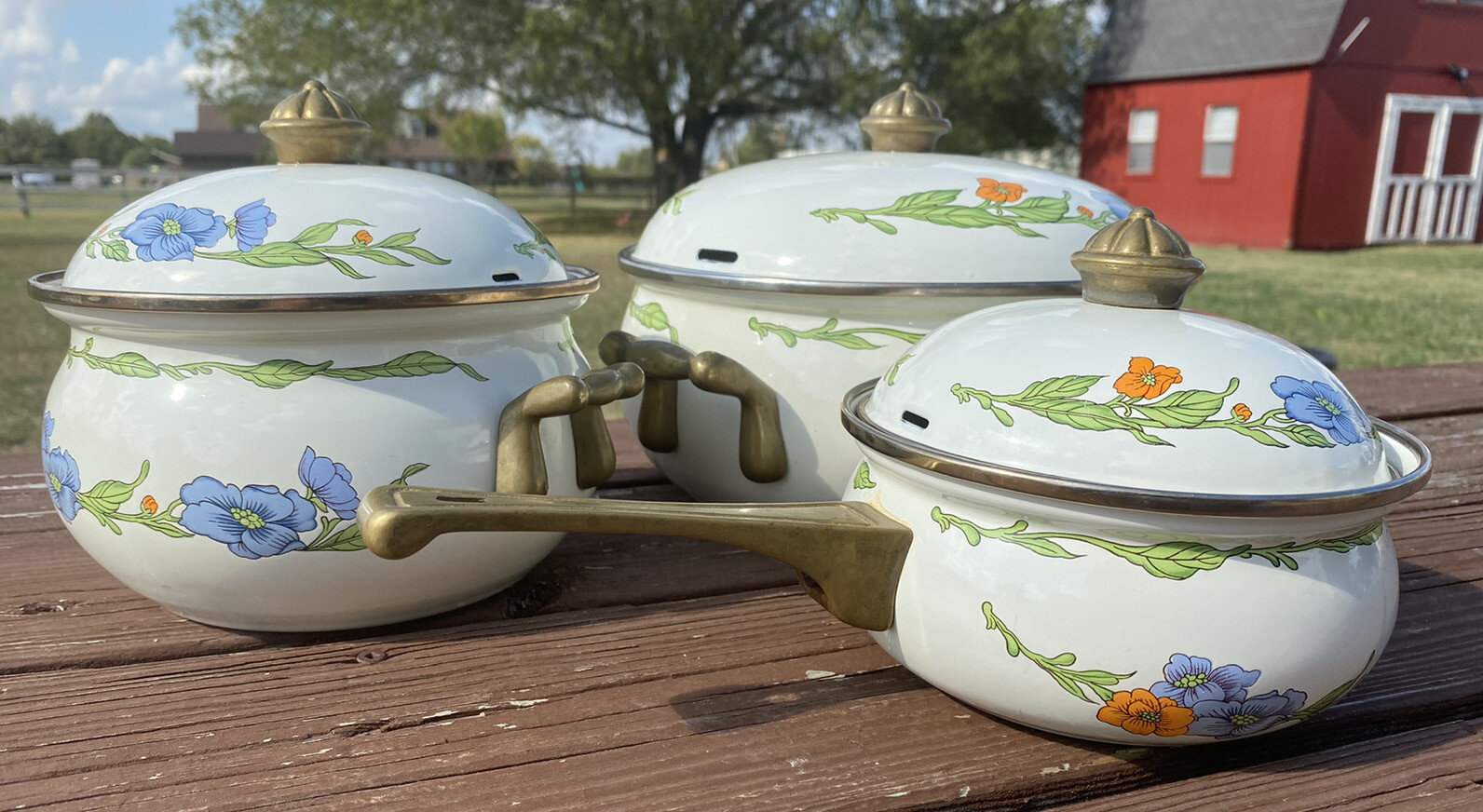6 Pc TL Enamel Pot Set Blue Orange Green Floral | eBay