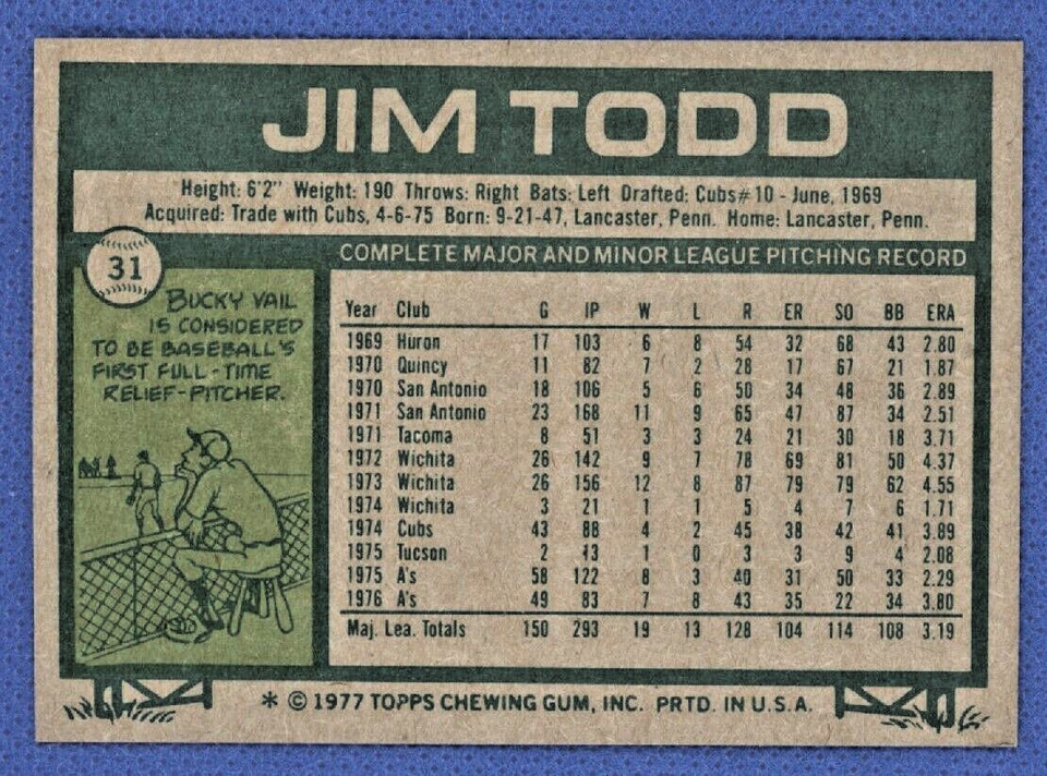 1977 Topps Set Break # 31 Jim Todd Oakland A's EXMT | eBay