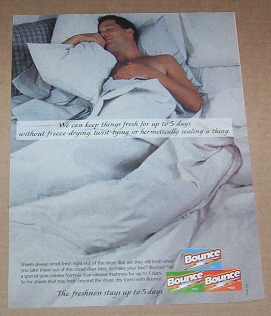 1996 print ad page - Bounce laundry static cling guy bed asleep Procter ...