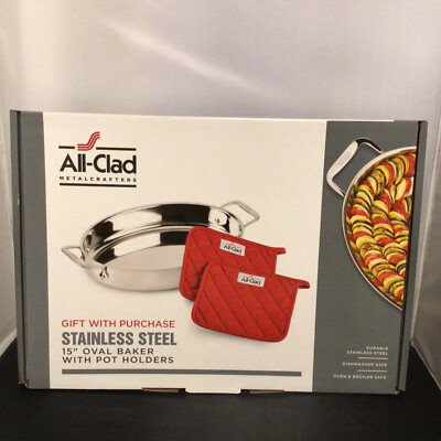 ALL-CLAD Stainless Steel 15" Oval Baker/Roaster with Pot Holders | eBay