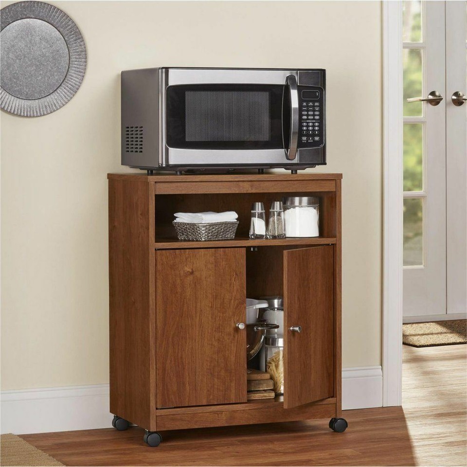 Dark Oak Brown Wooden Rolling Microwave Cart Storage Cabinet Kitchen ...