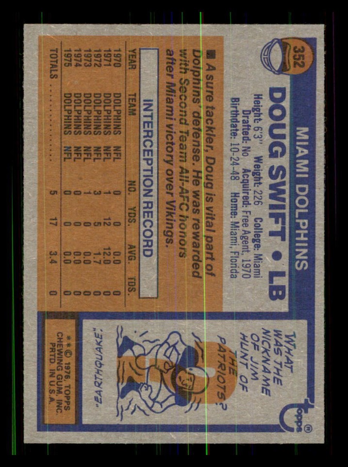 1976 Football Topps Doug Swift Miami Dolphins #352 2 | eBay