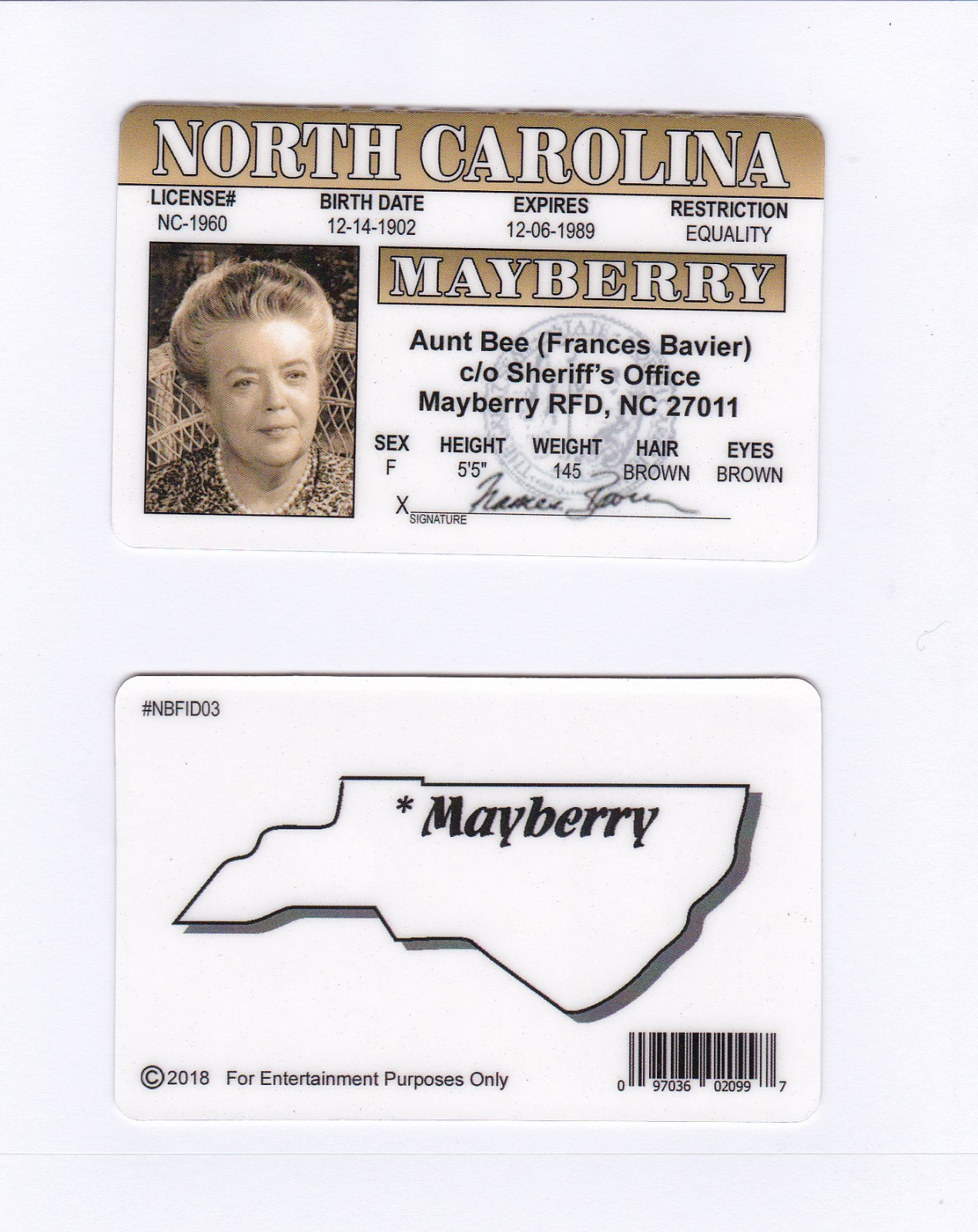 Aunt Bee Bea Frances Bavier the Andy Griffith show fake id card ...
