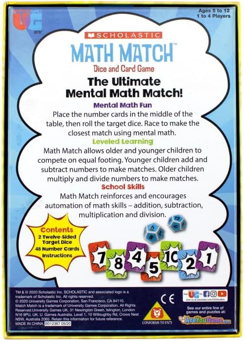 University Games, Scholastic Math Match Travel Dice Game, Mathematics ...