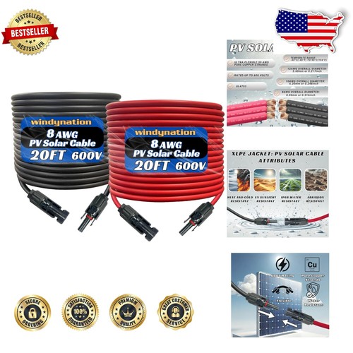 Reliable 20ft 8 AWG PV Solar Cable Pair - Black & Red with UL4703 ...