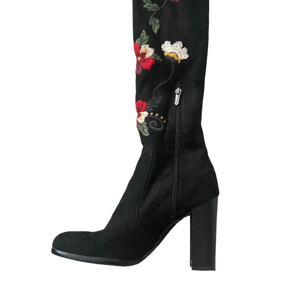 Sam Edelman Vena Floral Embroidered Stretch Suede Knee High Boots Black ...