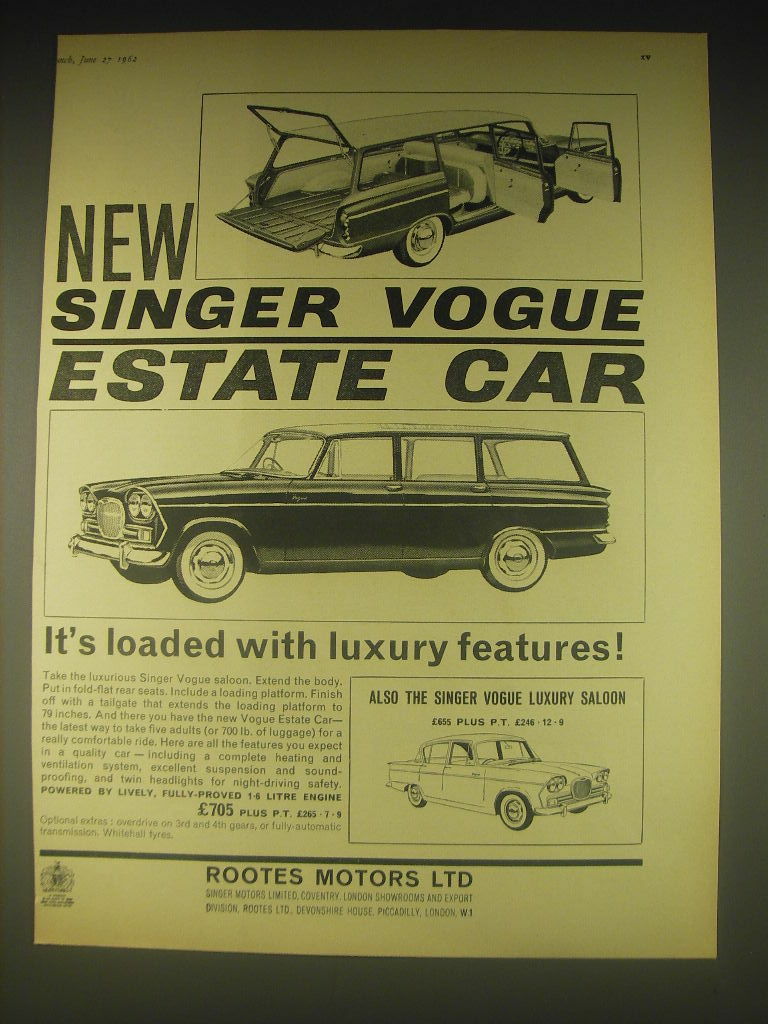 1962 Singer Vogue Estate Car Ad - It's loaded with luxury features | eBay