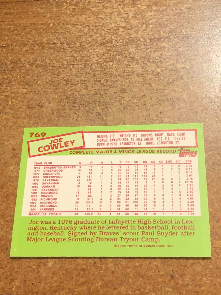 1985 Topps Tiffany Baseball # 769 Joe Cowley | eBay