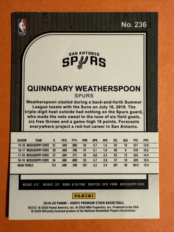 Quinndary Weatherspoon 2019-20 Panini NBA Hoops #236 Rookie Card RC ...