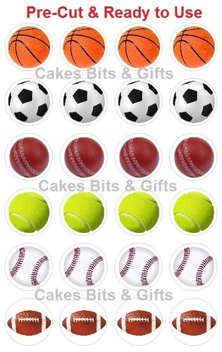 24 x SPORTS BALLS Edible Wafer Cupcake Cake Toppers, PRE-CUT Ready to ...