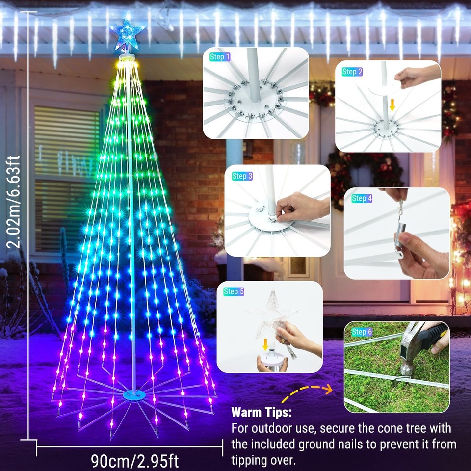 Brizled Smart RGB Christmas Cone Tree, 6.5FT 295 LED Lighted Christmas ...