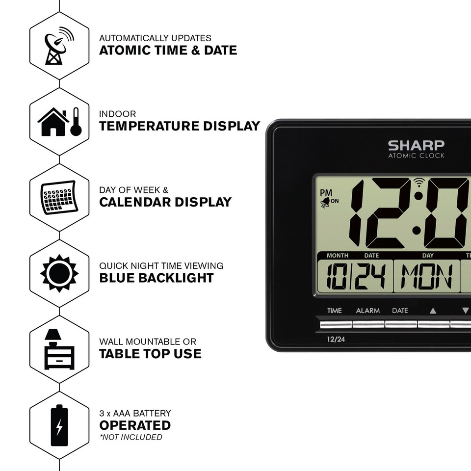 SHARP Digital Atomic Clock, Atomic Accuracy, Date, Temperature, LCD ...