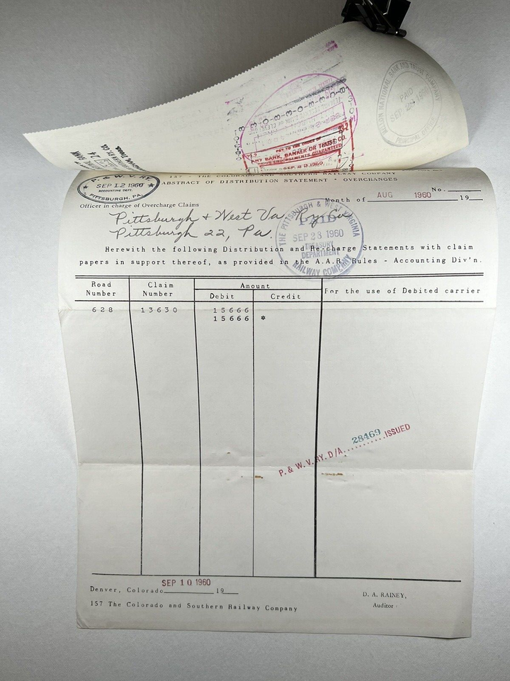 1960 CS Colorado and Southern Bank Check / Receipt - Vtg Railroad ...