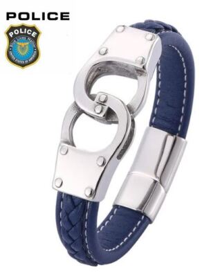 Police Officer Law Enforcement Thin Blue Line Leather Steel Handcuffs ...