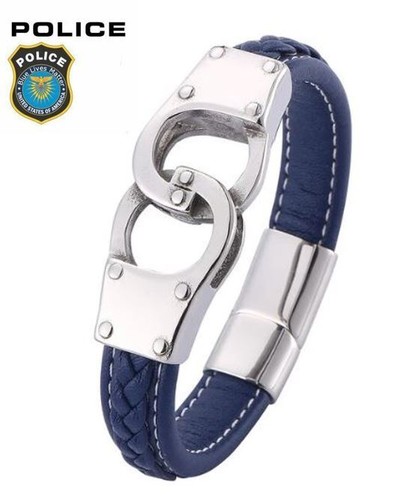 Police Officer Law Enforcement Thin Blue Line Leather Steel Handcuffs ...
