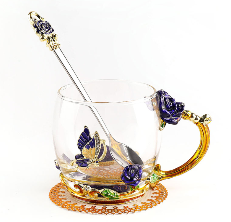 Enamel Water Glass Flower Tea Cup Rose Coffee Mug With Handle And Spoon ...