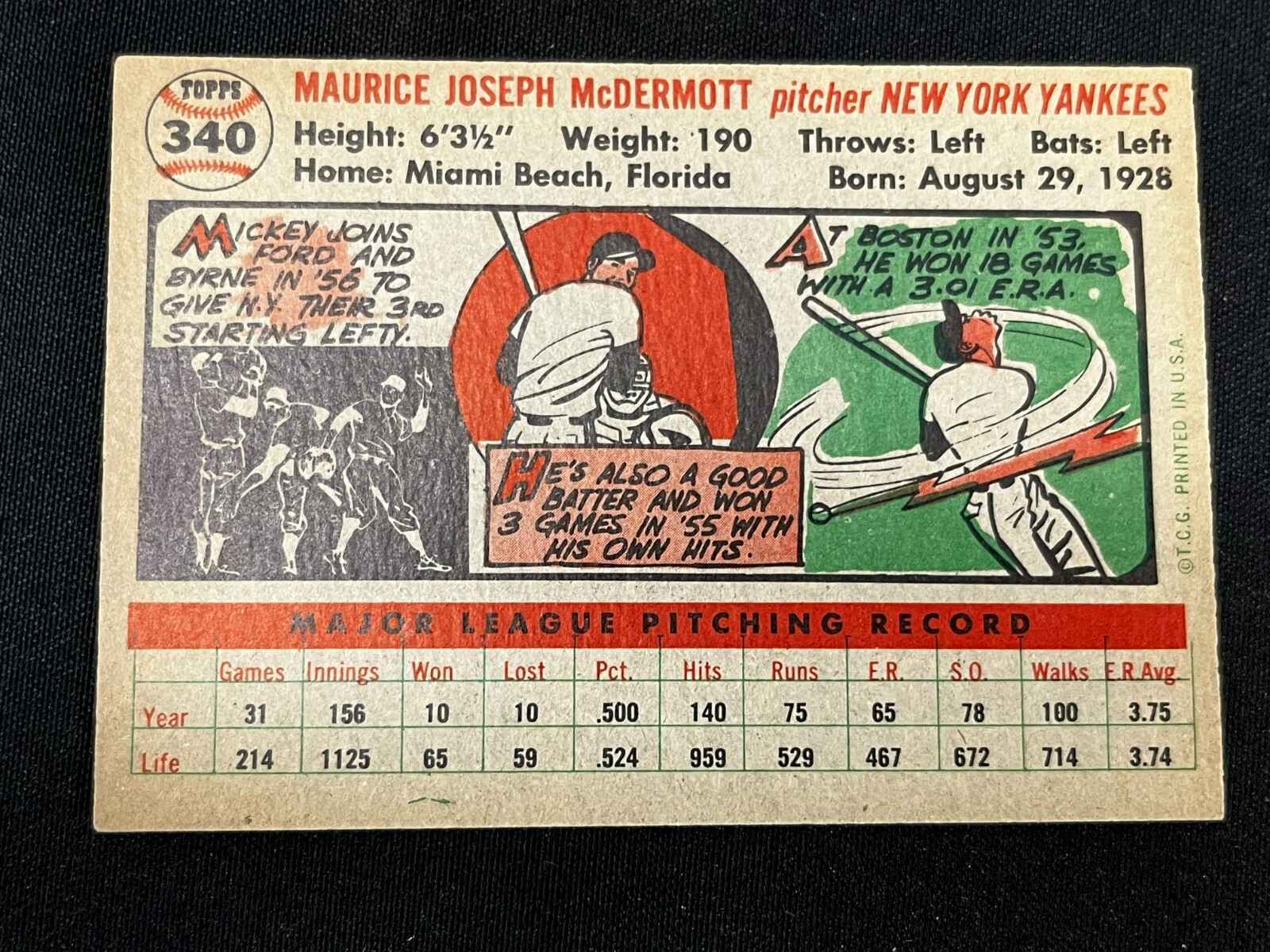 1956 TOPPS BASEBALL CARD MICKEY MCDERMOTT #340 NEW YORK YANKEES BV $80 (AA) D | eBay