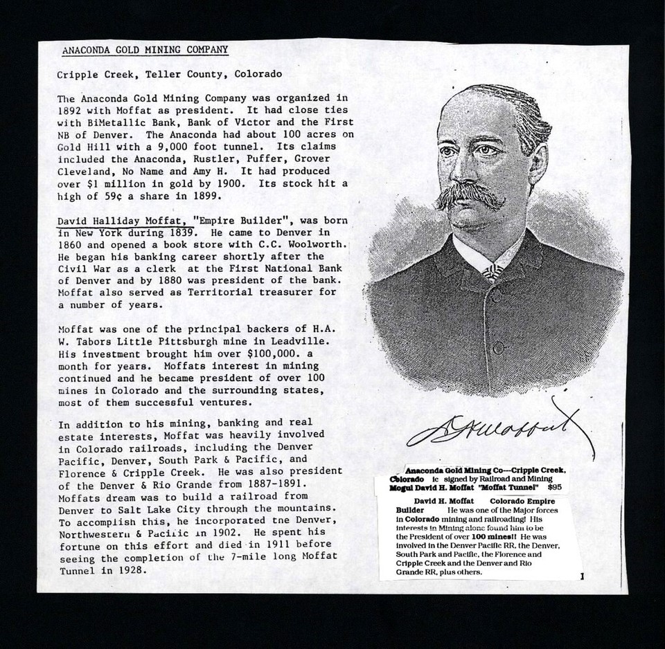 1892 Colorado - David Moffat signs Anaconda Gold Mininig RARE Stock ...