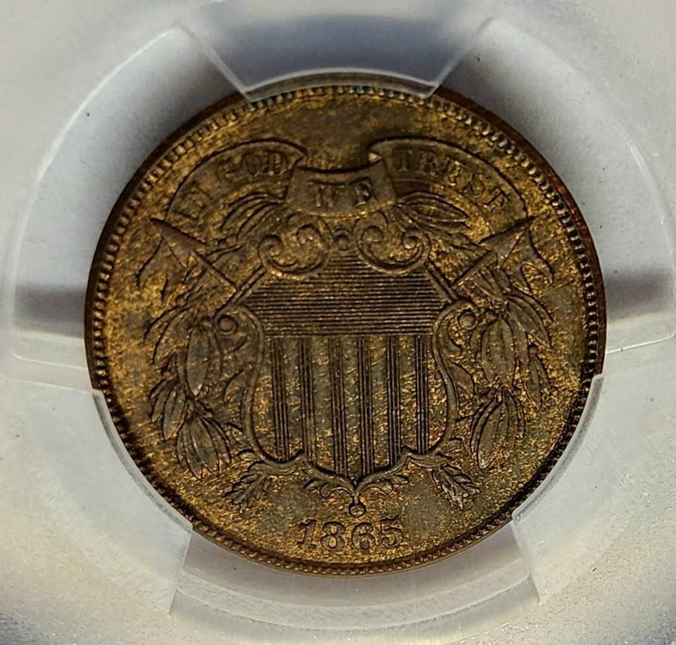 CHOICE 1865 TWO CENT PIECE SHARP MOTTO SHIELD WREATH - FANCY 5 - PCGS ...