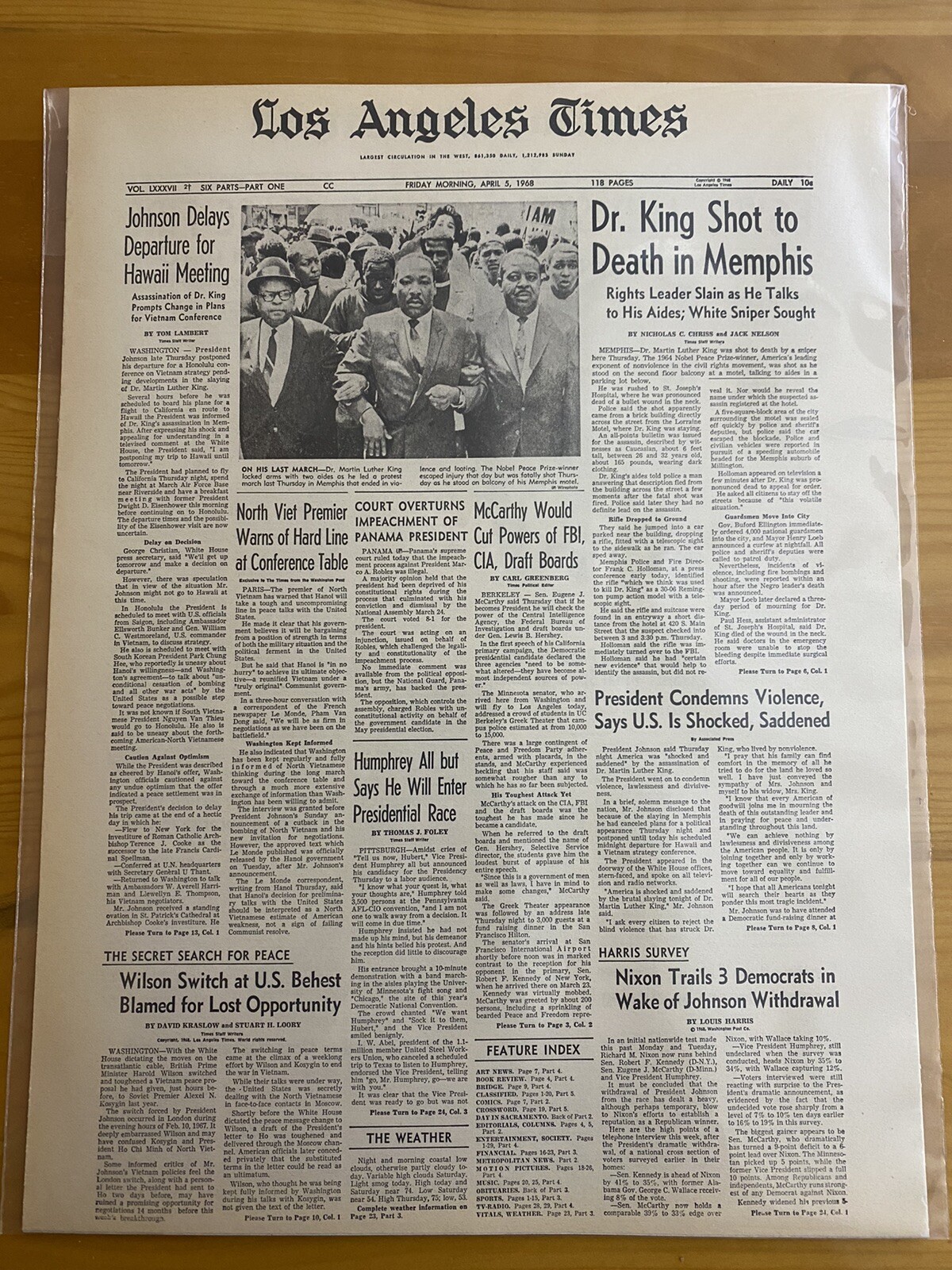 VINTAGE NEWSPAPER HEADLINE~MARTIN LUTHER KING KILLED GUN SHOT DIES MLK ...